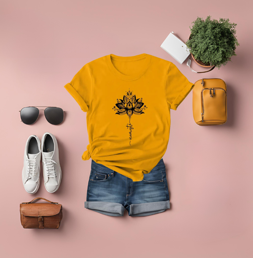 Lotus with Vertical Namaste T-Shirt | Earth Stone Jewelry
